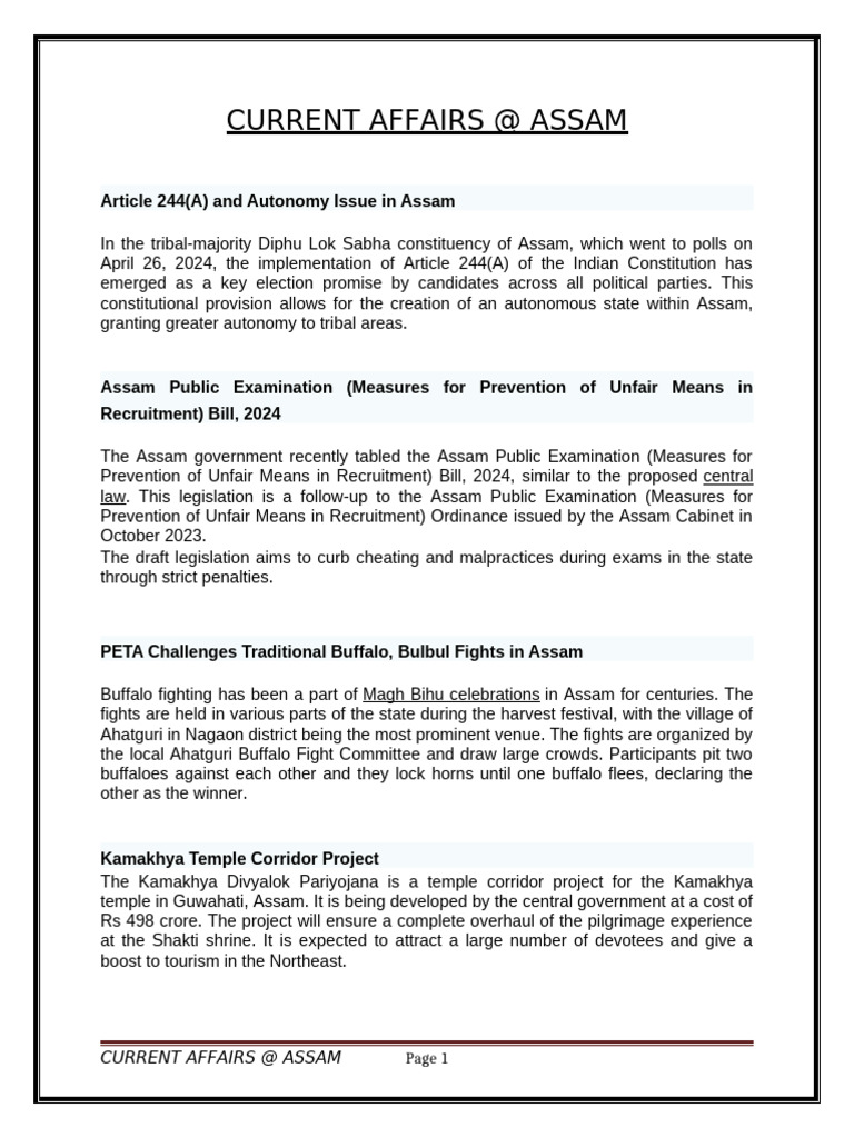 CURRENT AFFAIRS ASSAM 2023-24 | PDF