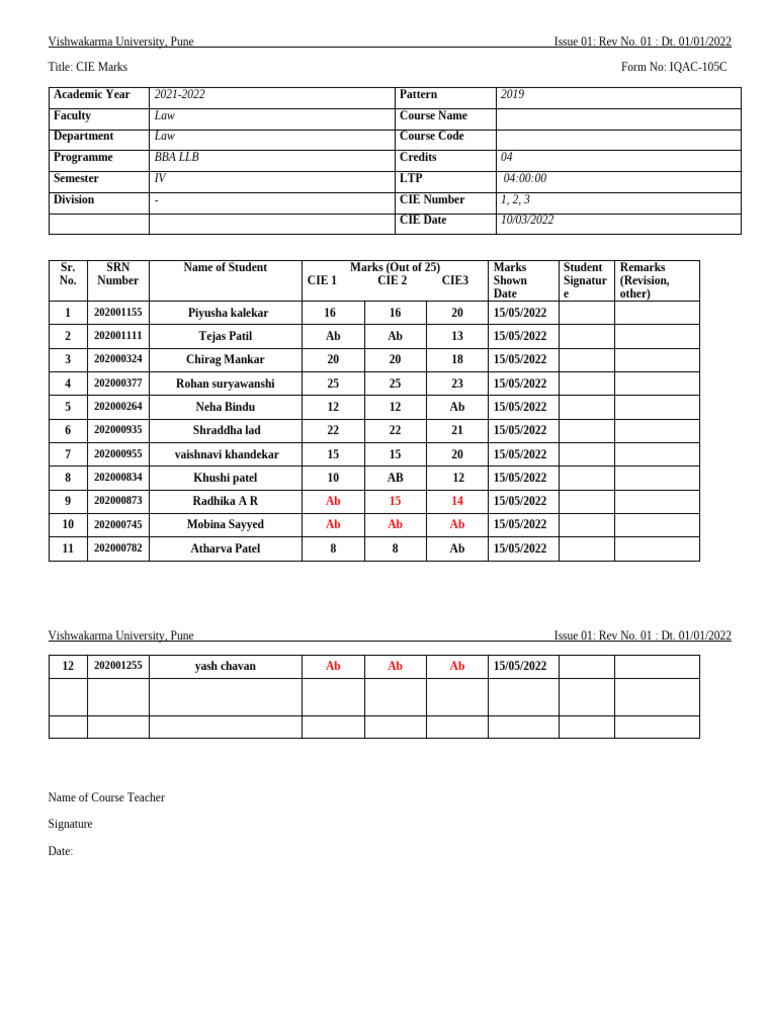105C-CIE Marks (Faculty Member) - Issue-1, Rev-1 | PDF