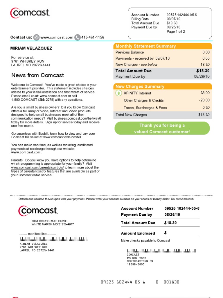 2010 08 15 - Bill | PDF | Fee | Comcast