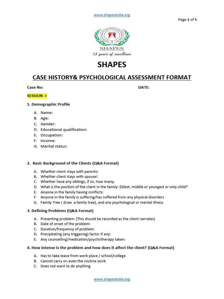 Case History& Psychological Assessment Format | PDF