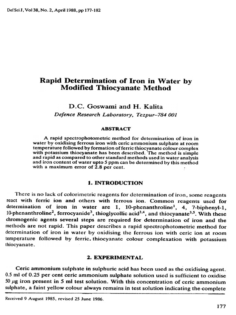 Rapid Determination Of Iron In Water By Thiocyanate Method Pdf