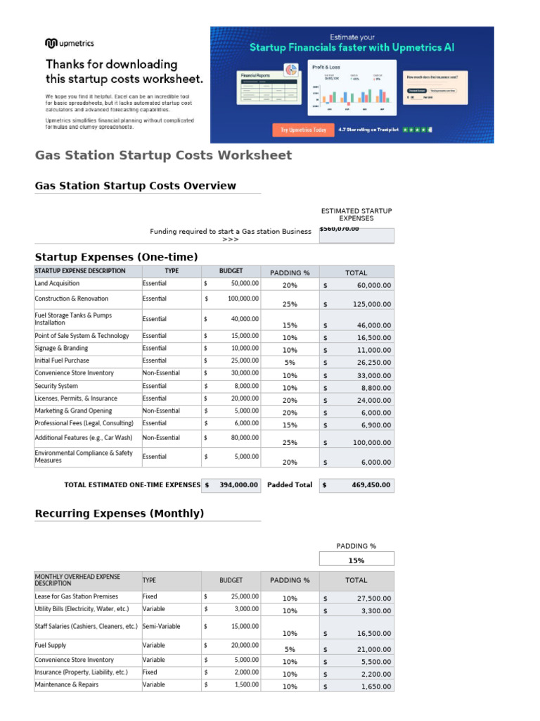 Gas Station Startup Cost Worksheet 1 1 | PDF
