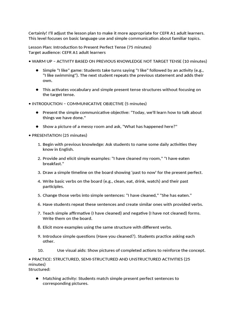 Year 2 CEFR B1 Tense Lesson Plan | PDF