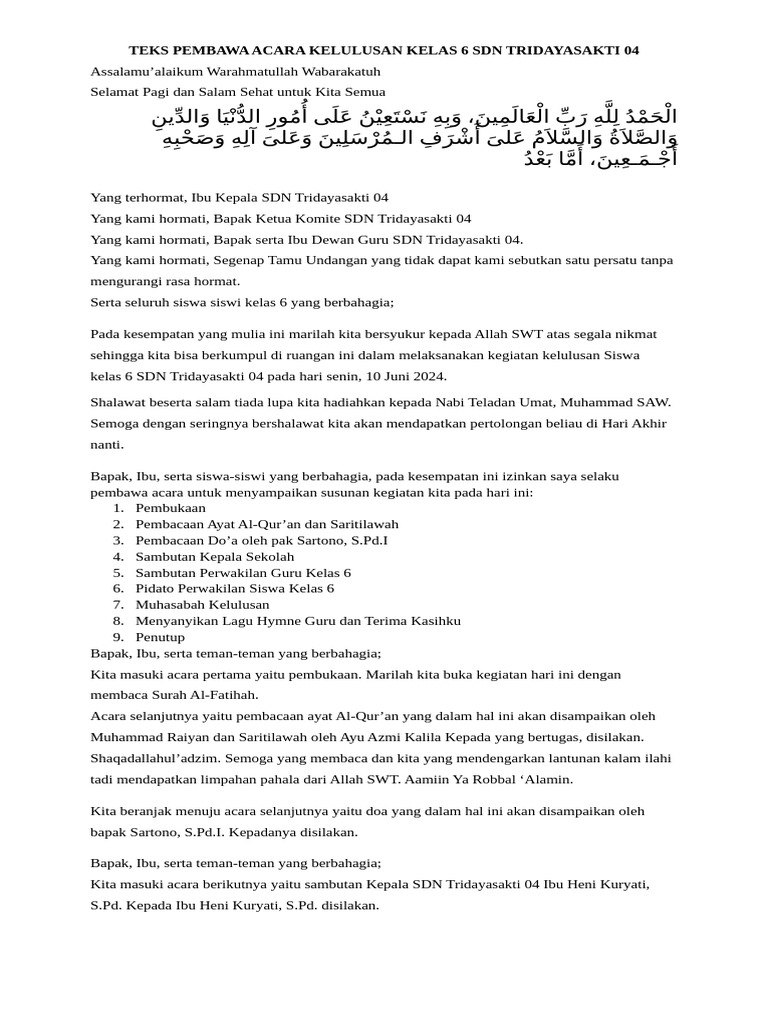 Teks Pembawa Acara Kelulusan Kelas 6 SDN Tridayasakti 04 | PDF