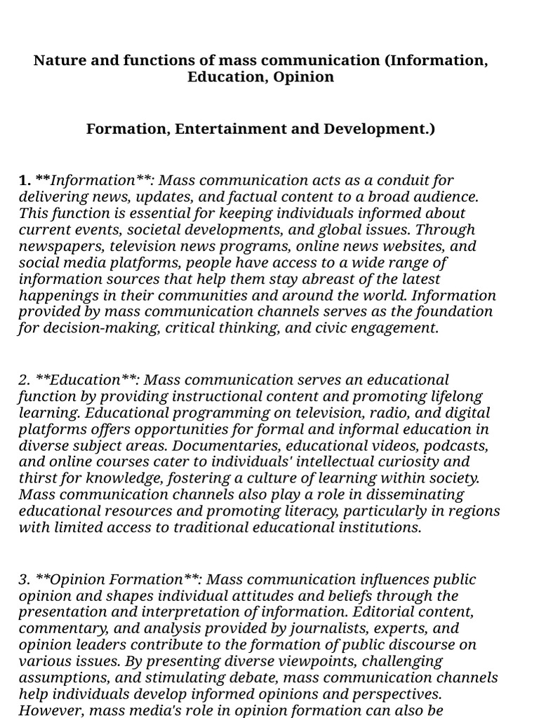 Nature and Function of Mass Communication | PDF
