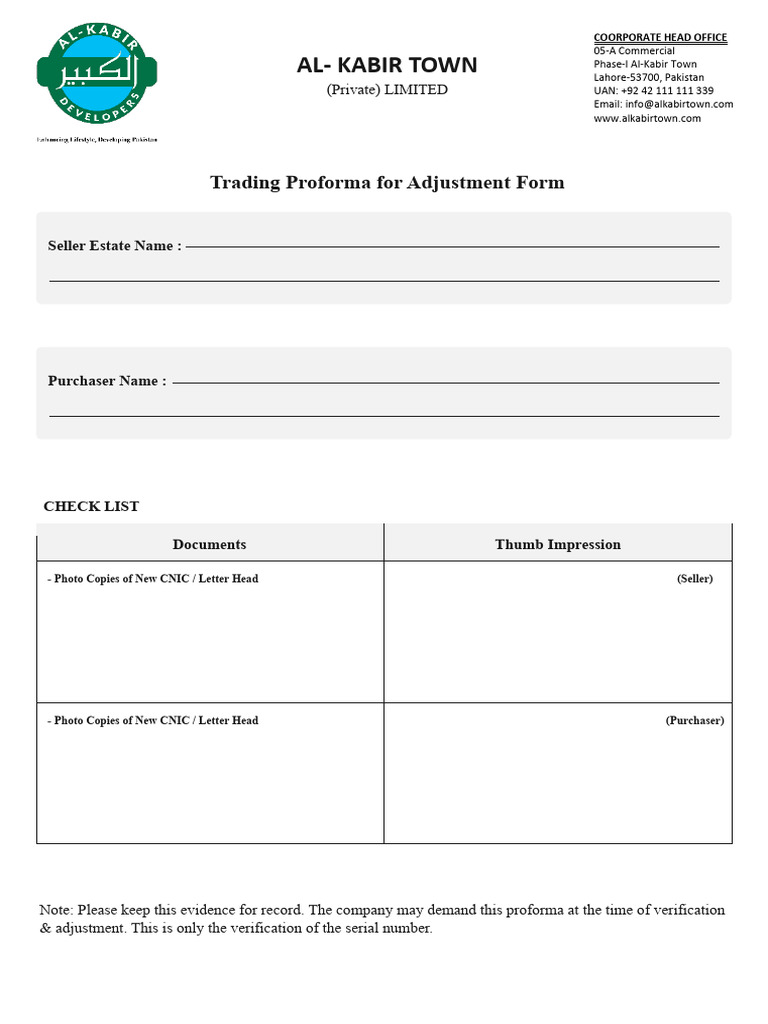 Adjustment Form Proforma | PDF