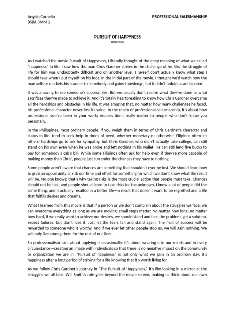 Pursuit of Happyness - Reflection | PDF