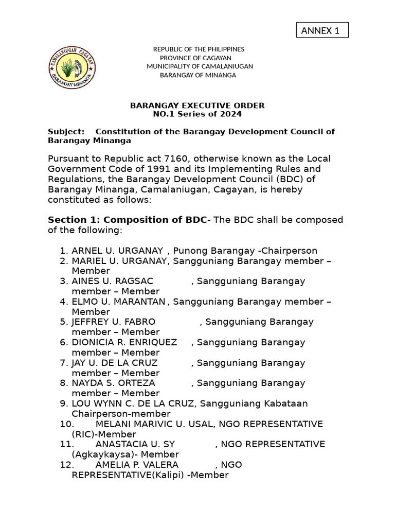 Barangay Executive Order | PDF | Government