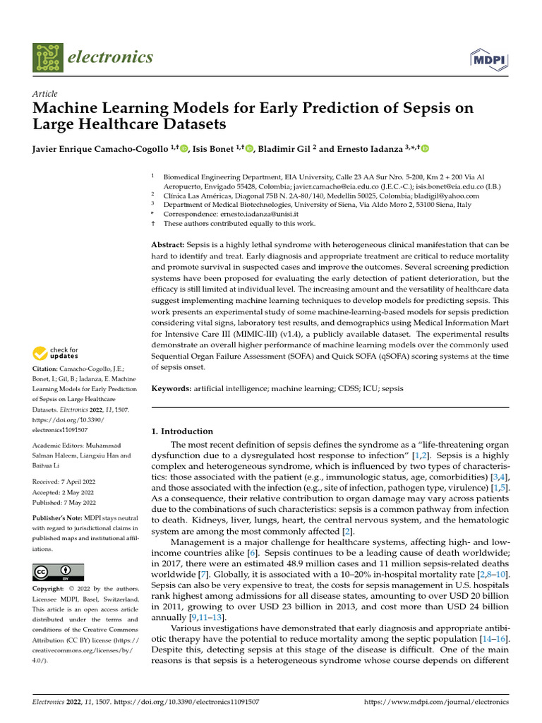Machine Learning Models For Early Prediction of Se | PDF | Sensitivity ...
