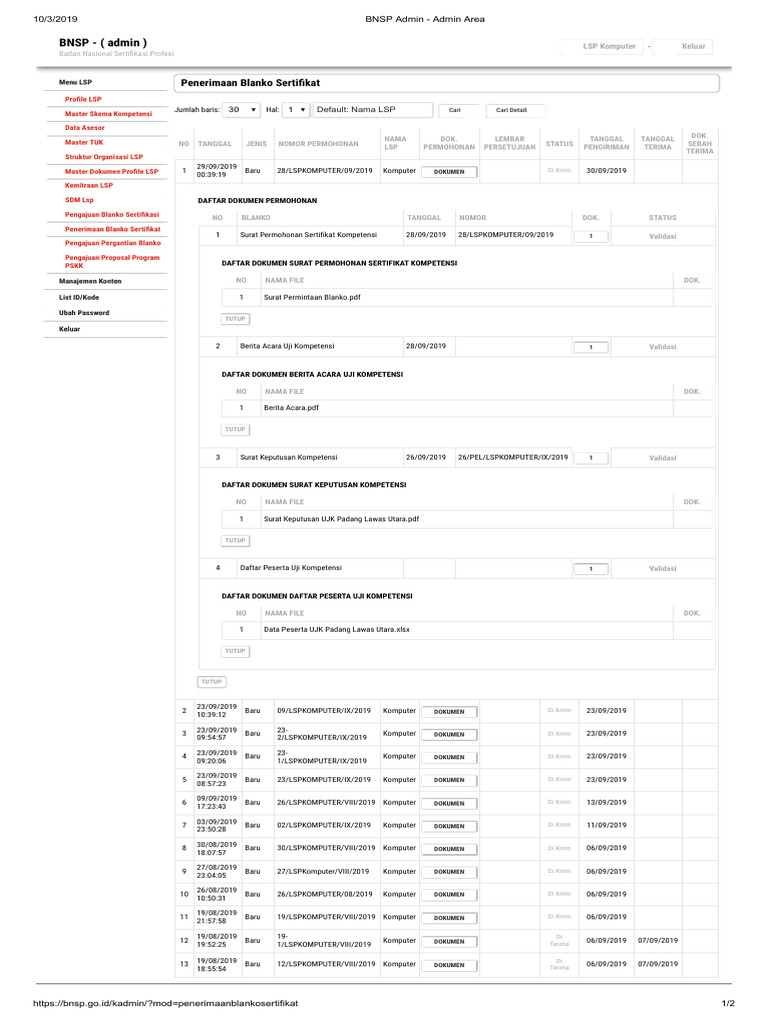 BNSP Admin - Admin Area - ProsesBlankoSertifikat | PDF