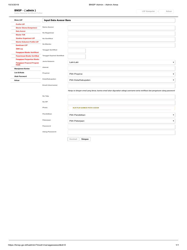 BNSP Admin - Admin Area - InputDataAsesor | PDF