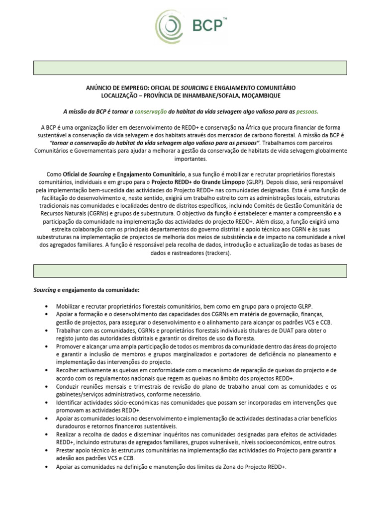 Vaga - Oficial de Engajamento Comunitário - Inhambane - Sofala - BCP Moz | PDF