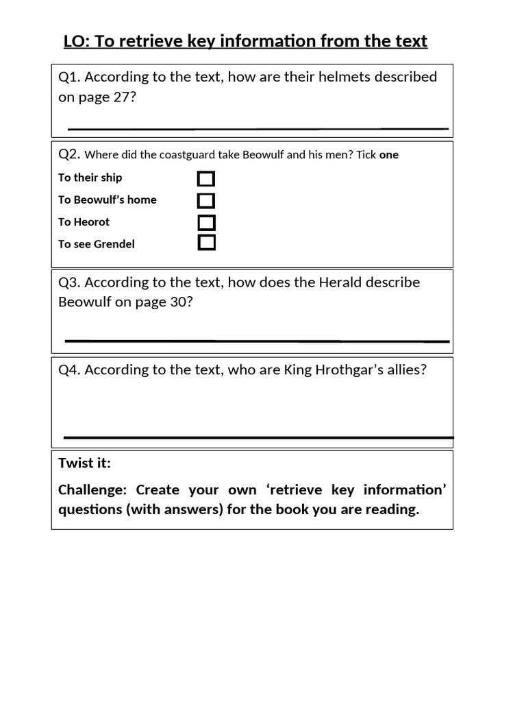 Reading Skills Lesson 2 Beowulf | PDF