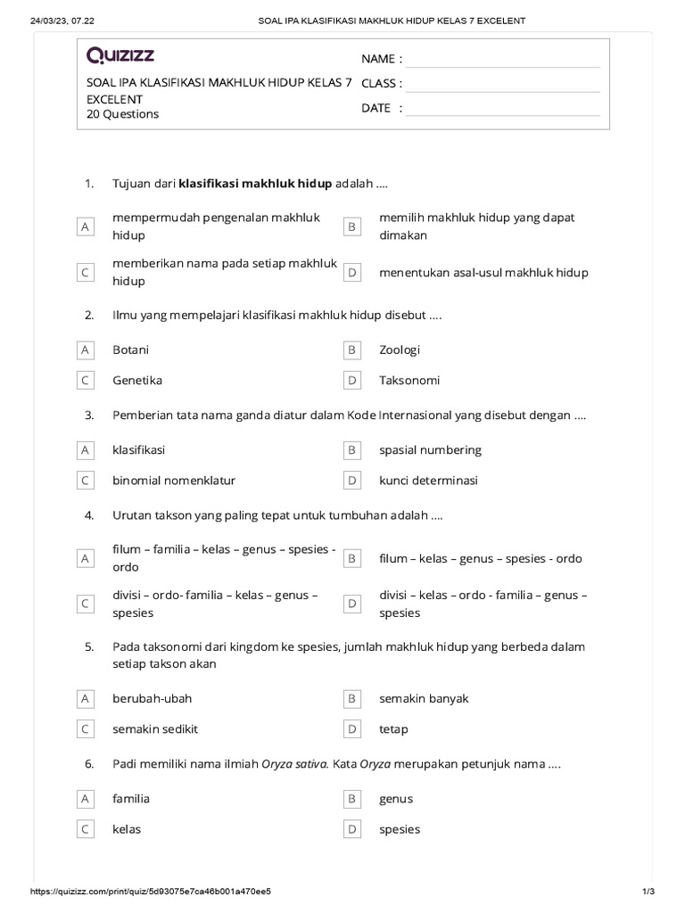 QZ KLASIFIKASI MAKHLUK HIDUP | PDF