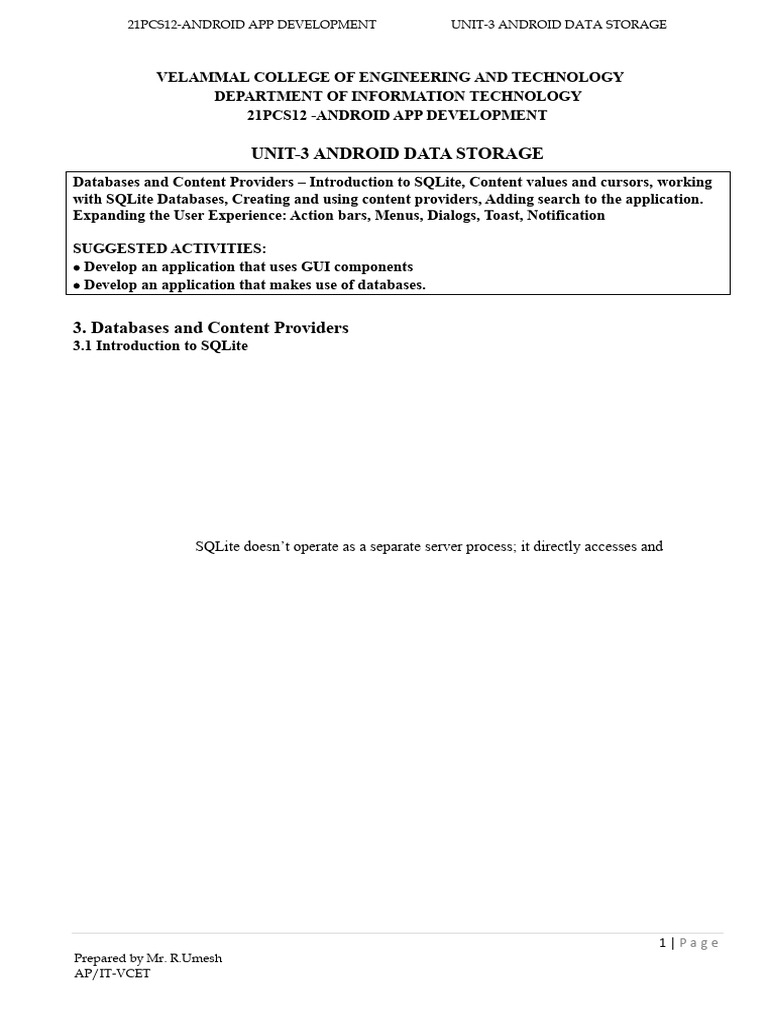 Unit-3 Android Data Storage | PDF