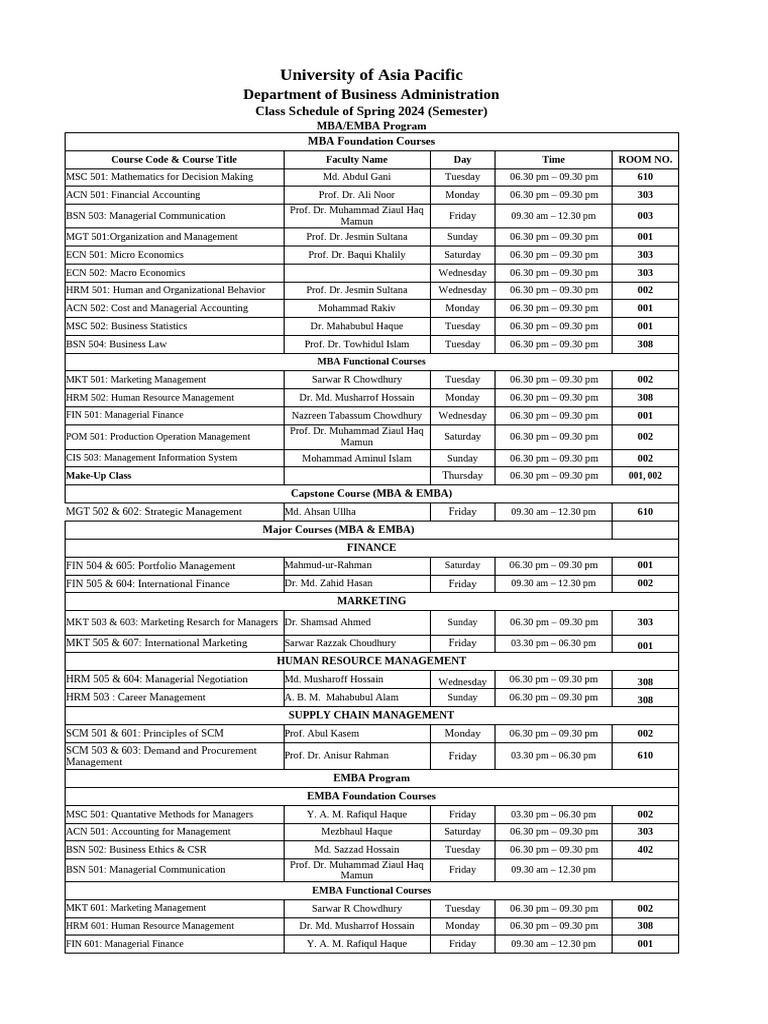 MBA and EMBA Class Scheadule Spring-2024 | PDF
