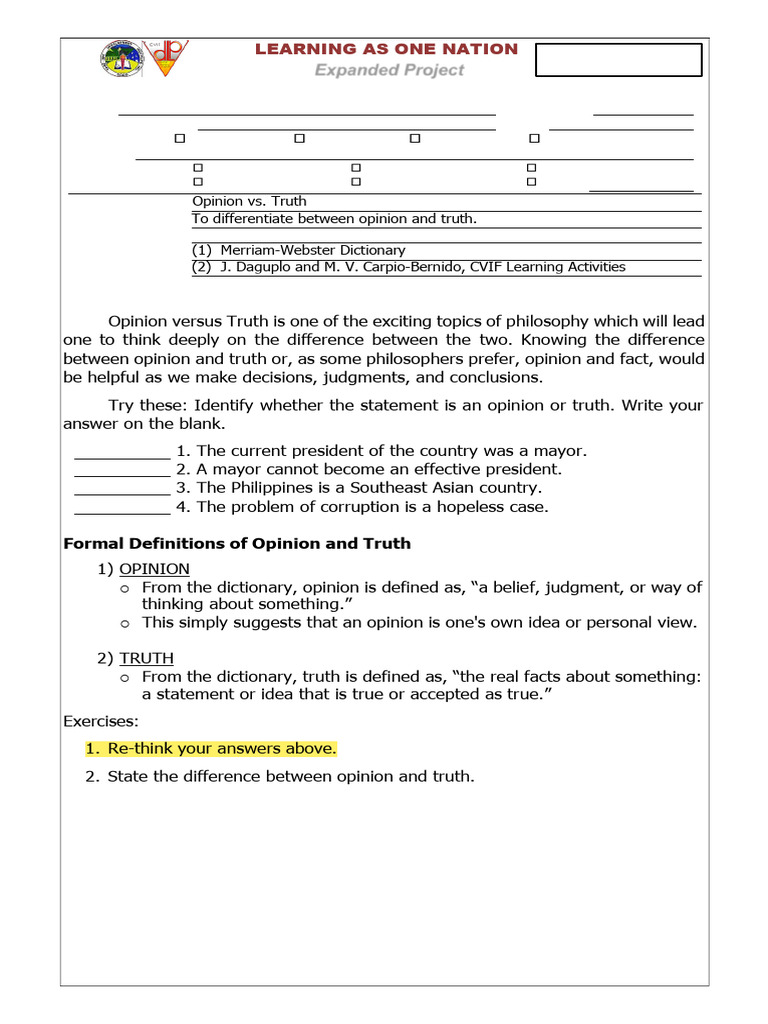 Intro To Philo LAS 4 Opinion vs. Truth | PDF | Science & Mathematics
