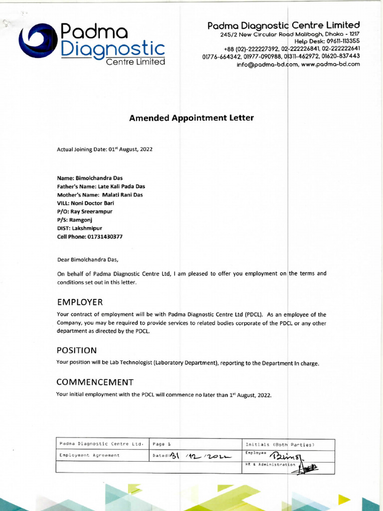 Bimol Chandra Das - Appointment Letter | PDF