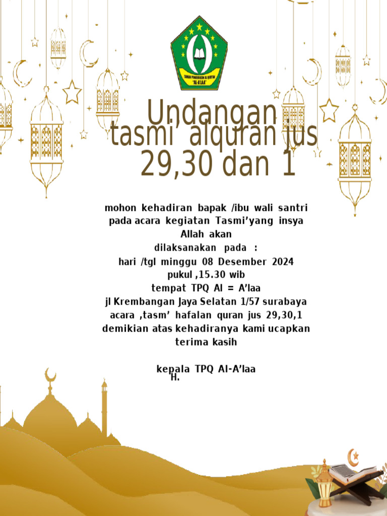 Undangan Tasmi' Alquran Jus 29,30 Dan 1 | PDF