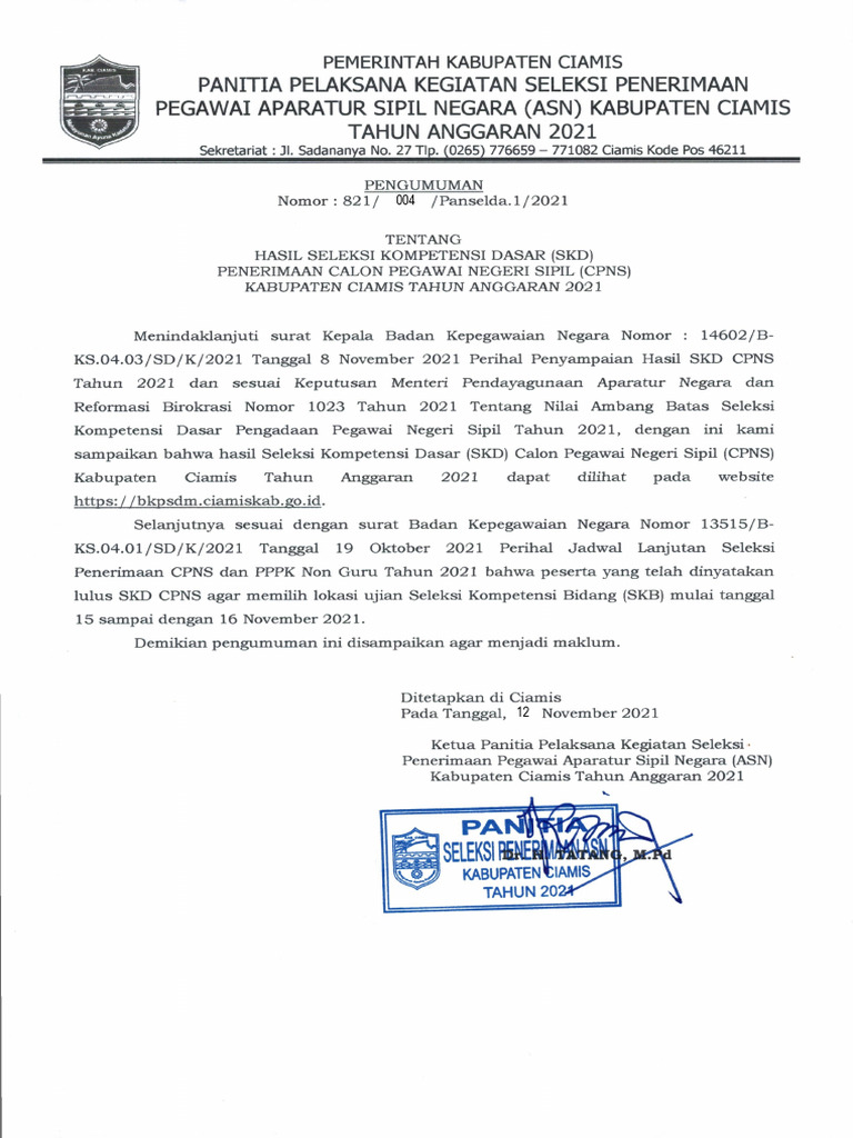 Pengumuman Hasil SKD 2021 | PDF