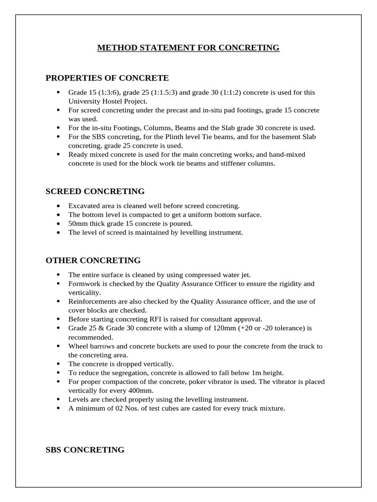 Method Statement For Concreting | PDF