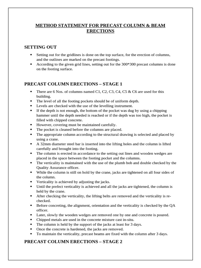 Method Statement For Precast Columns and Beams | PDF