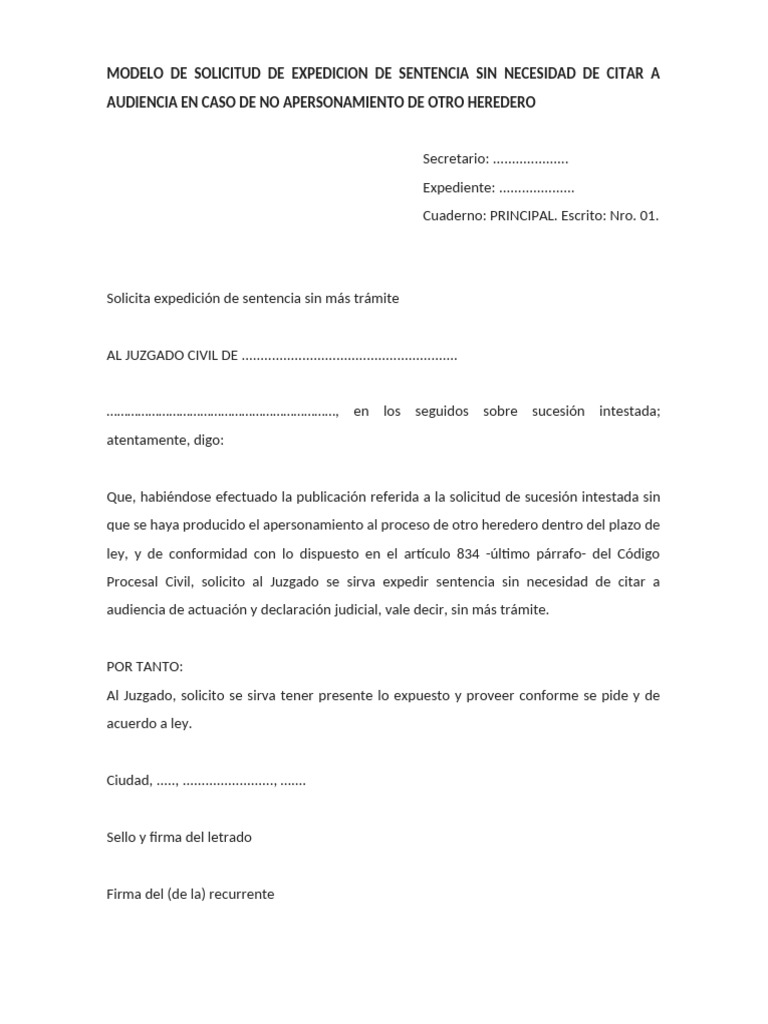 Modelo de Solicitud de Expedicion de Sentencia Sin Necesidad de Citar A ... Modelo de Solicitud de Expedicion de Sentencia Sin Necesidad de Citar A ...