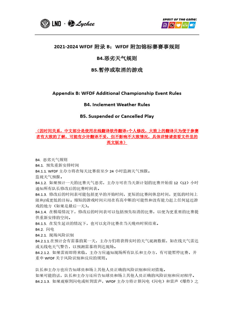 2021-2024 WFDF附录B：WFDF附加锦标赛赛事规则 （中英） | PDF