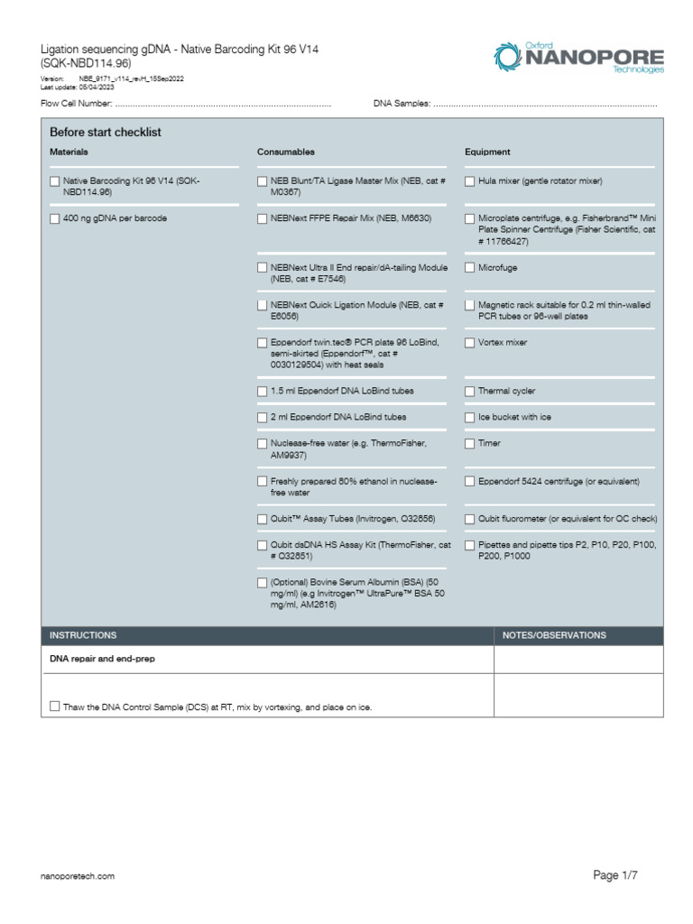 Ligation Sequencing gDNA - Native Barcoding Kit 96 V14 (SQK-NBD114.96 ...