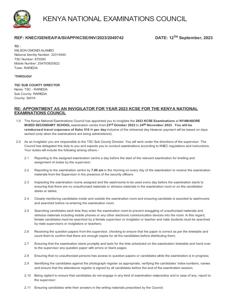 Kenya National Examinations Council: DATE: 12 September, 2023 REF: KNEC ...