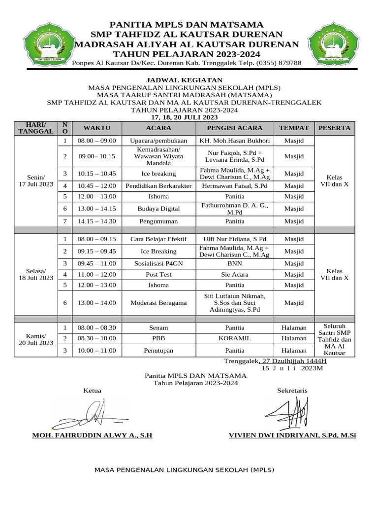 Jadwal, Tatib, DH Mpls Matsama 23 24 | PDF