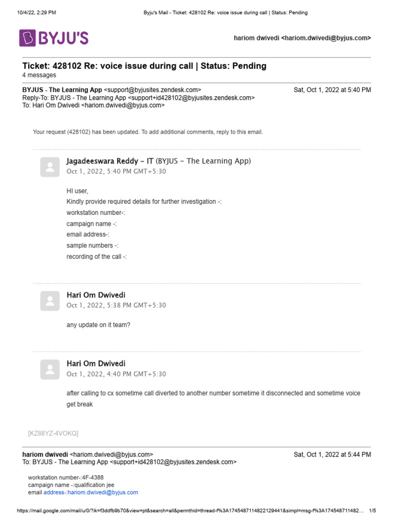Byju's Mail - Ticket - 428102 Re - Voice Issue During Call - Status ...