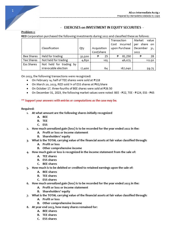 AE121 - Investment in Equity Securitites Exercises | PDF | Dividend ...