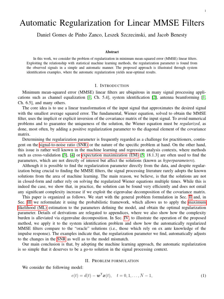 Benesty (2023) Automatic Regularization For Linear MMSE Filters | PDF