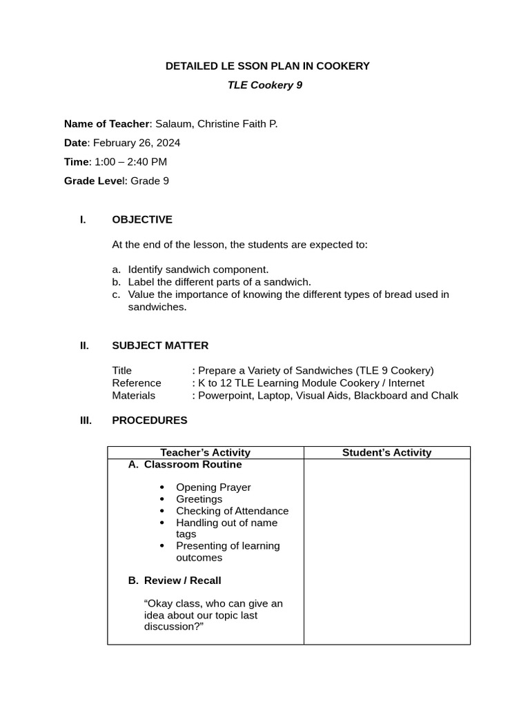 DETAILED LESSON PLAN IN COOKERY 2 | PDF