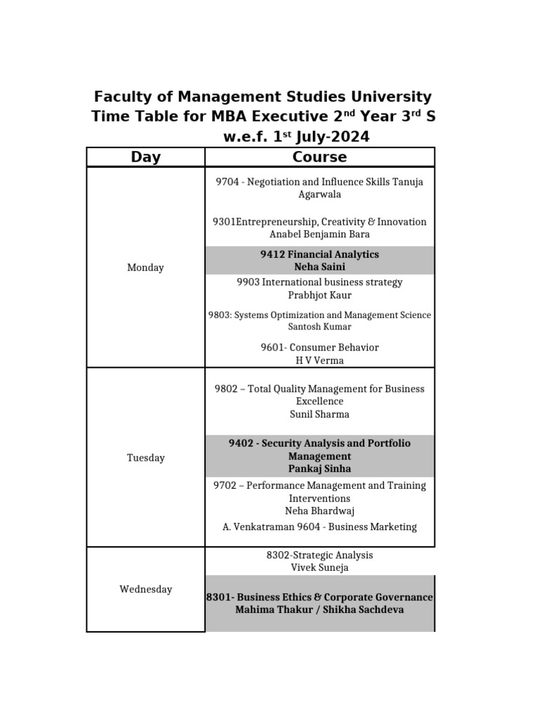 Time Table FMS 3rd SEM | PDF