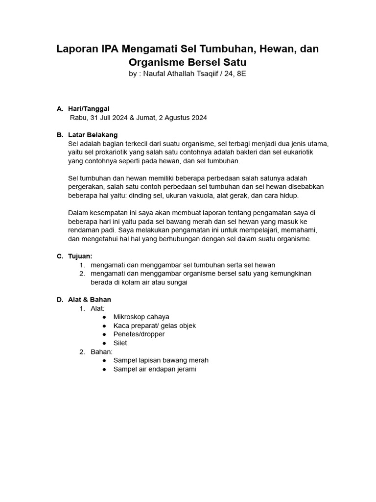Laporan IPA Mengamati Sel Tumbuhan, Hewan, Dan Organisme Bersel Satu | PDF
