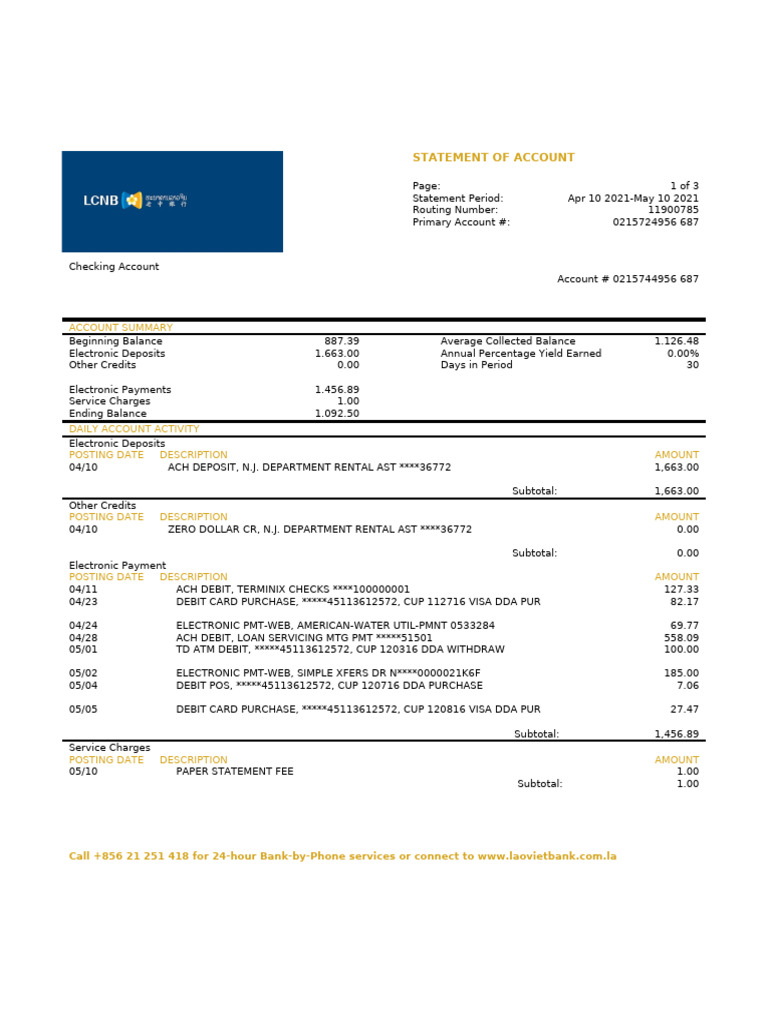 Laos Bank Statement Summary | PDF | Debit Card | Credit Card