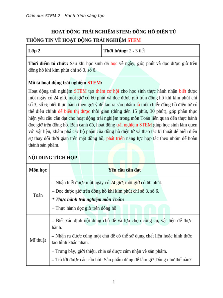 4. KHBD STEM 2 - Đồng hồ điện tử | PDF