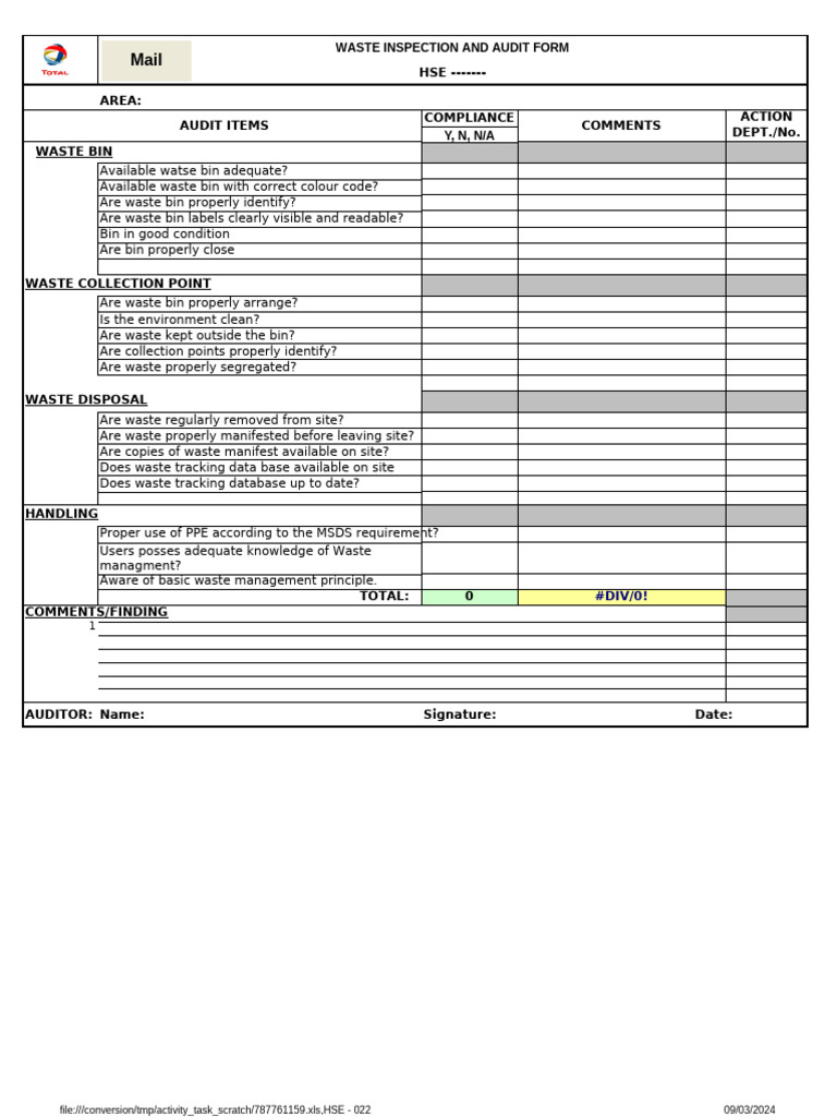 HSE - Waste Inspection & Audit Form | PDF | Technology & Engineering