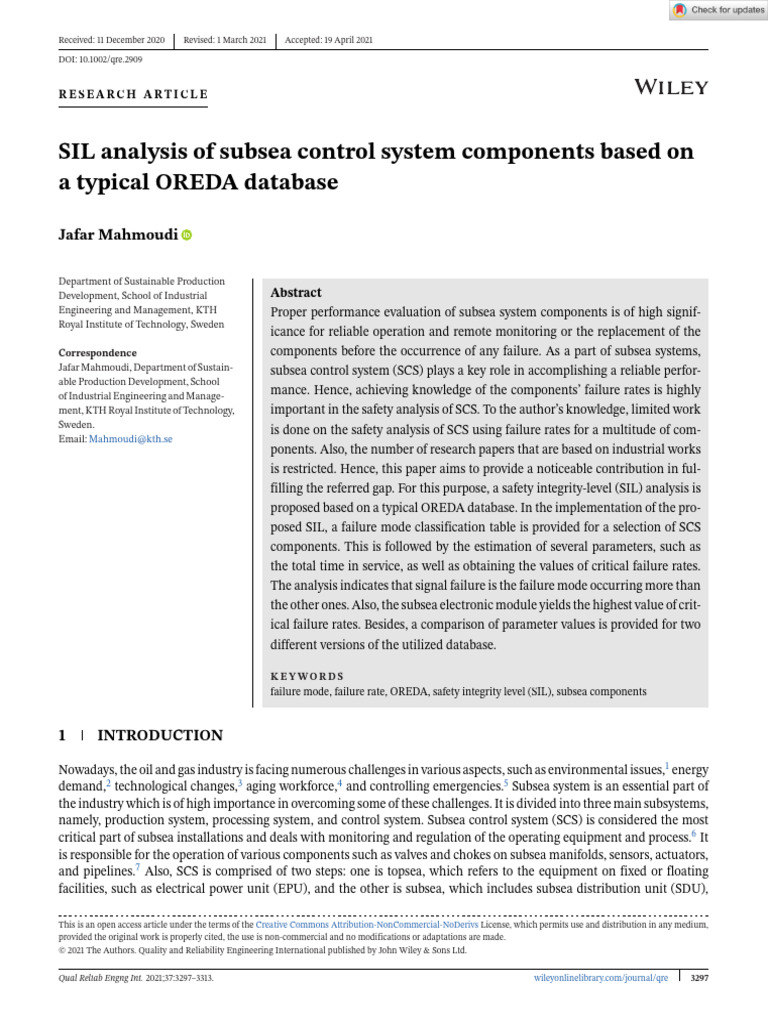 Quality Reliability Eng - 2021 - Mahmoudi - SIL Analysis of Subsea Control System Components ...