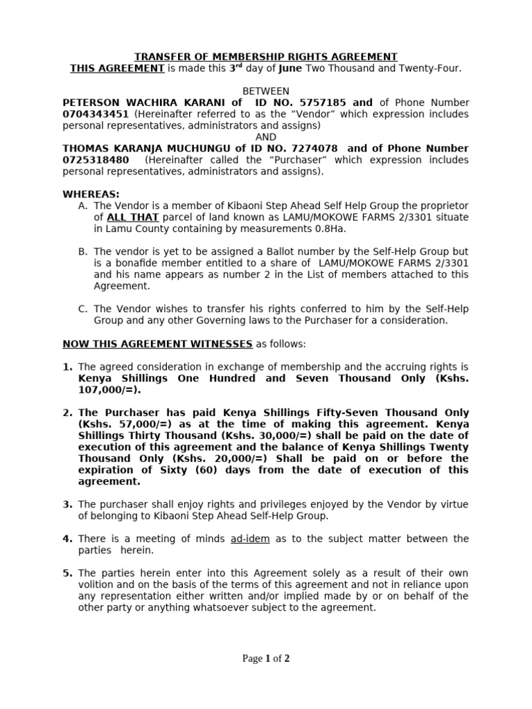 Membership Rights Transfer Agreement | PDF | Justice | Finance & Money ...