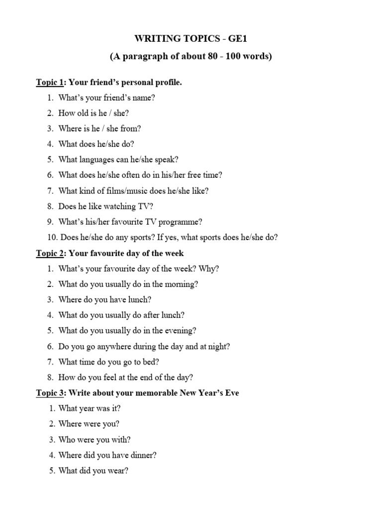 Writing Topics - Ge1 - Ele - 4TH | PDF