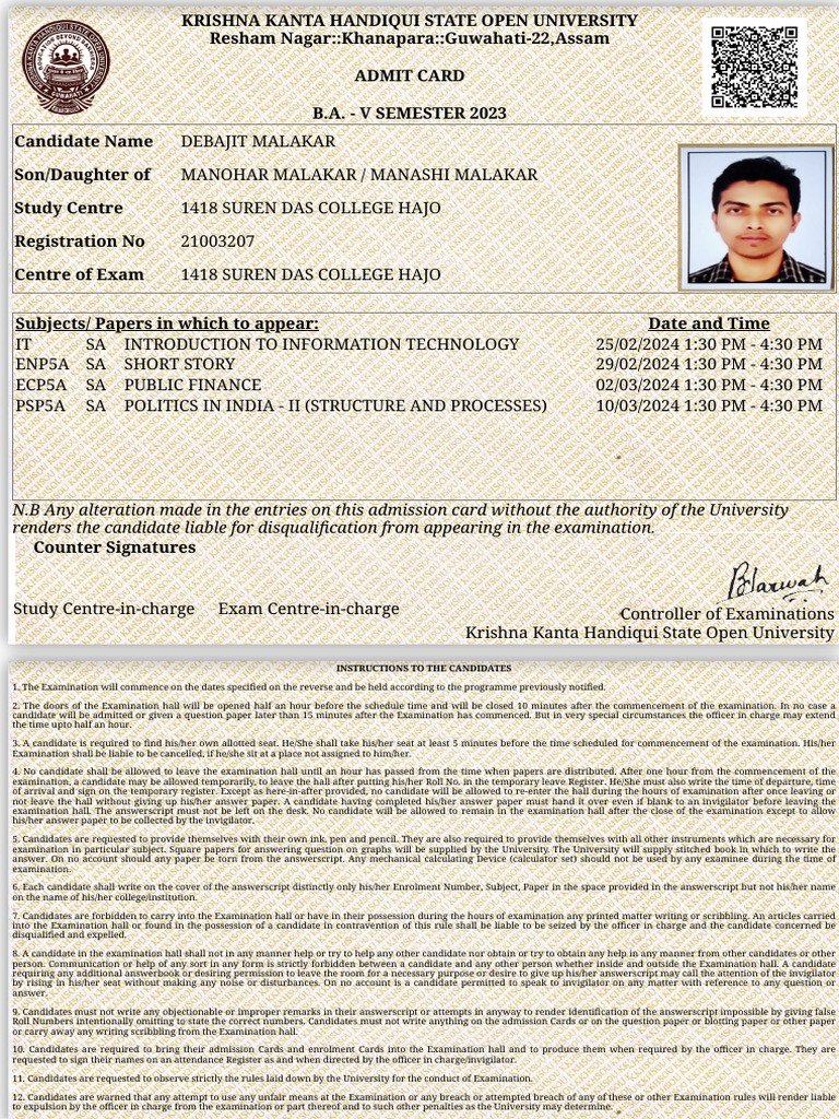 KKHSOU Admit 5th Sem | PDF