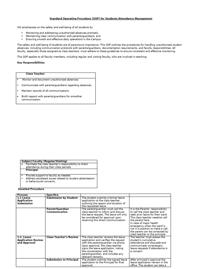 Standard Operating Procedure (SOP) For Students Attendance Management | PDF