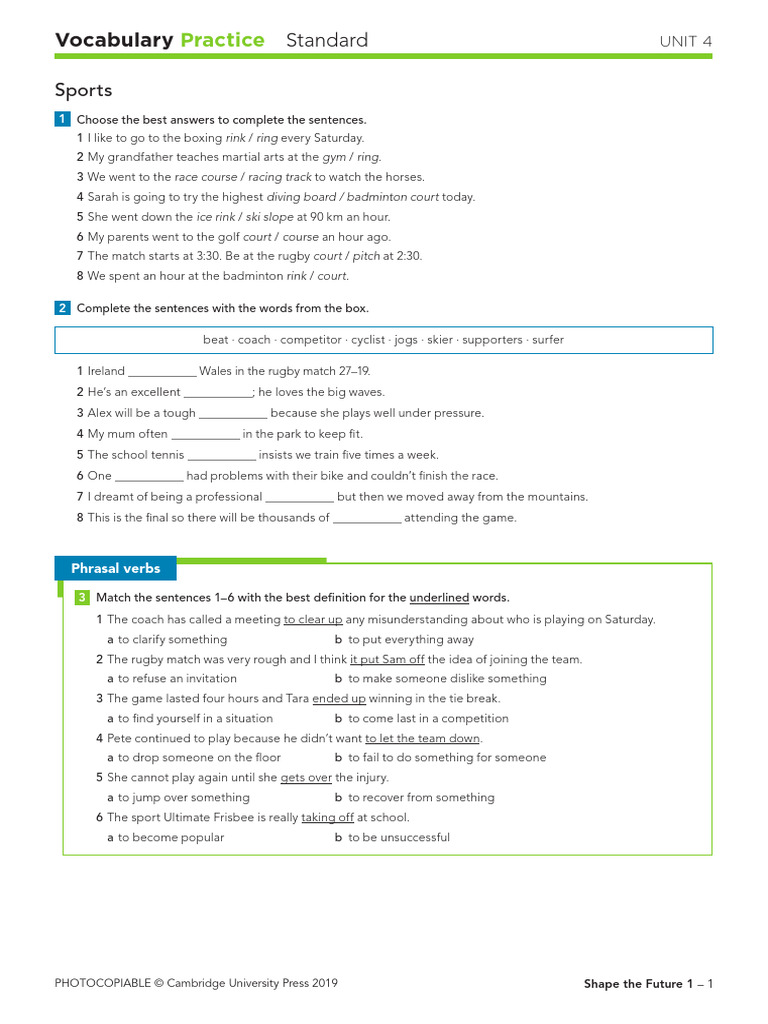 Shape The Future 1 - Vocabulary Practice Standard - Unit 4 - Without ...