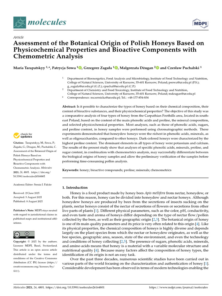 Assessment of The Botanical Origin of Polish Honeys Based On Physicochemical Properties | PDF