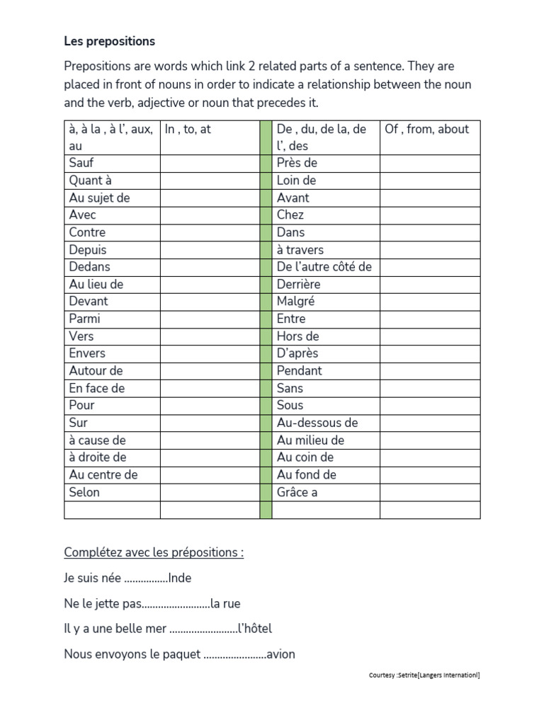 Preposition Worksheet | PDF