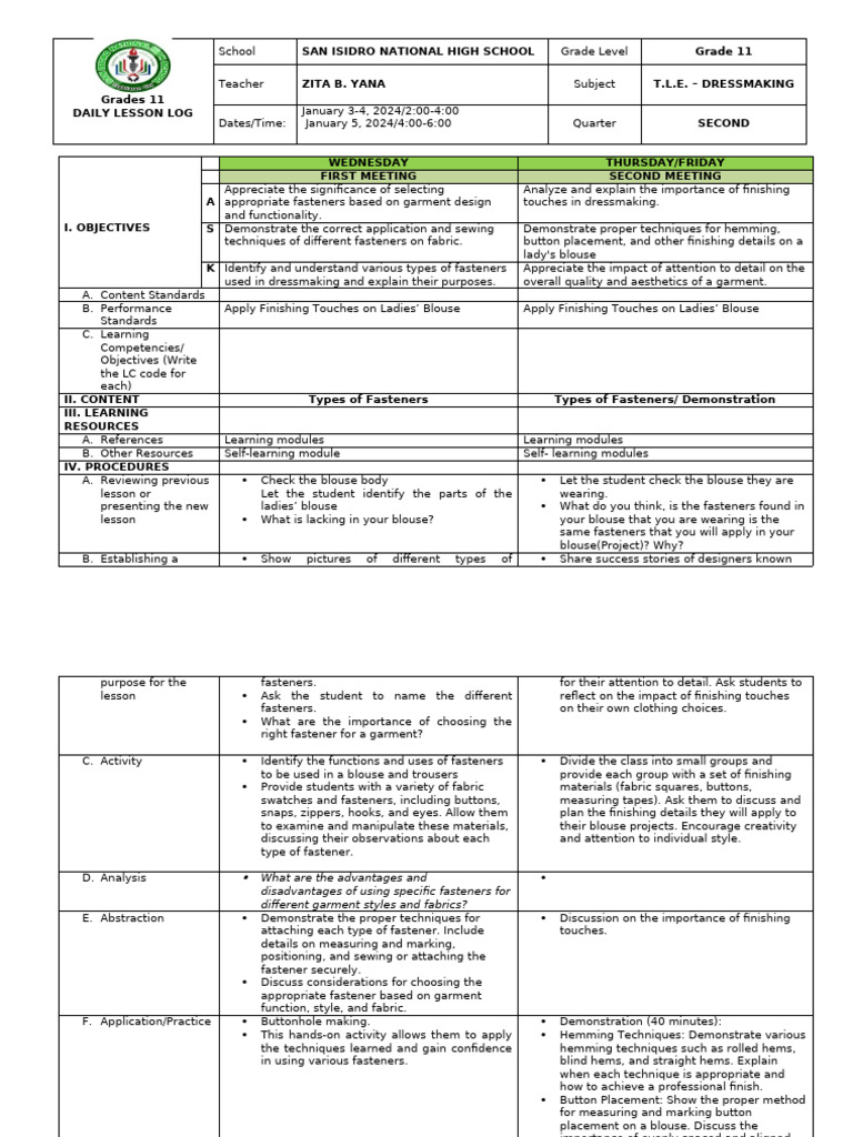 Daily Lesson Plan in Tle Dressmaking 9 | PDF