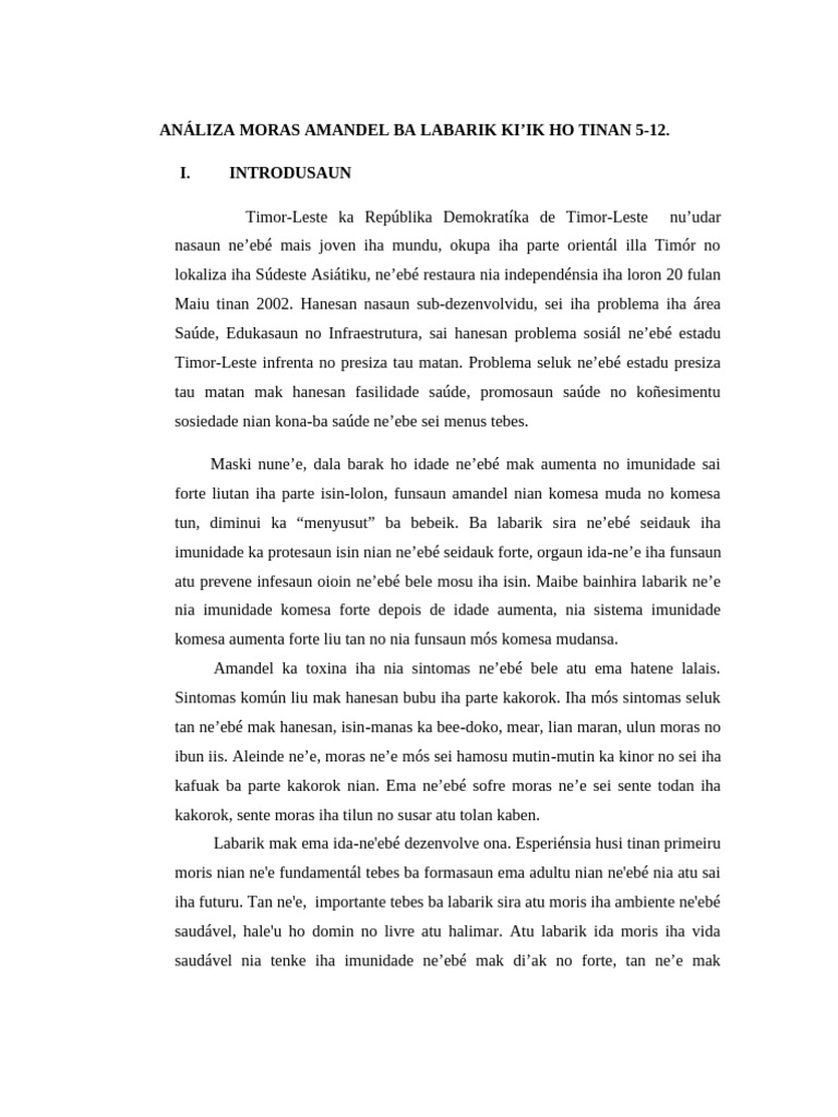 Análiza Moras Amandel Ba Labarik Ki'Ik Ho Tinan 5-12. I. Introdusaun | PDF